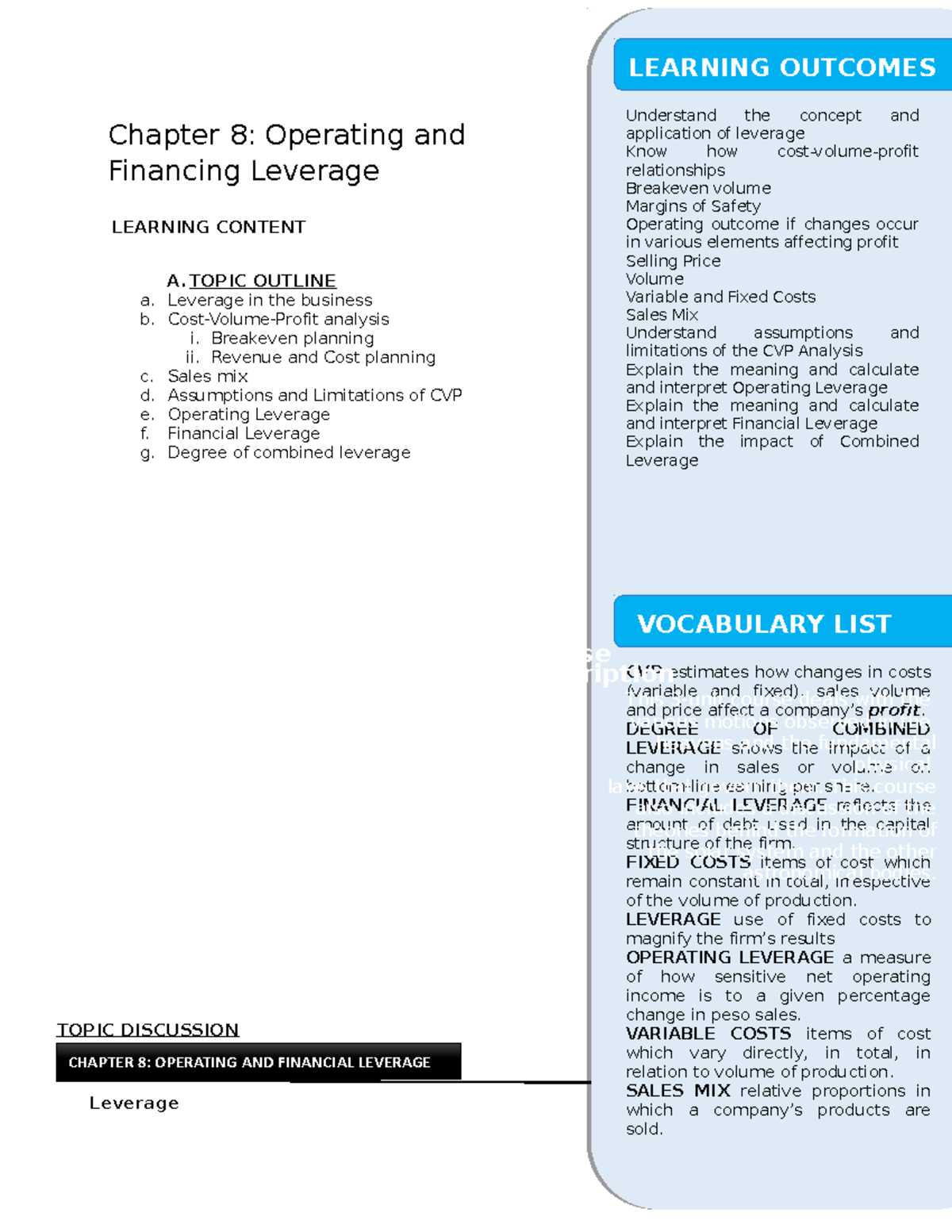 FM CH 8 Leverage - LEARNING CONTENT A. TOPIC OUTLINE a. Leverage in the business b. - Studocu