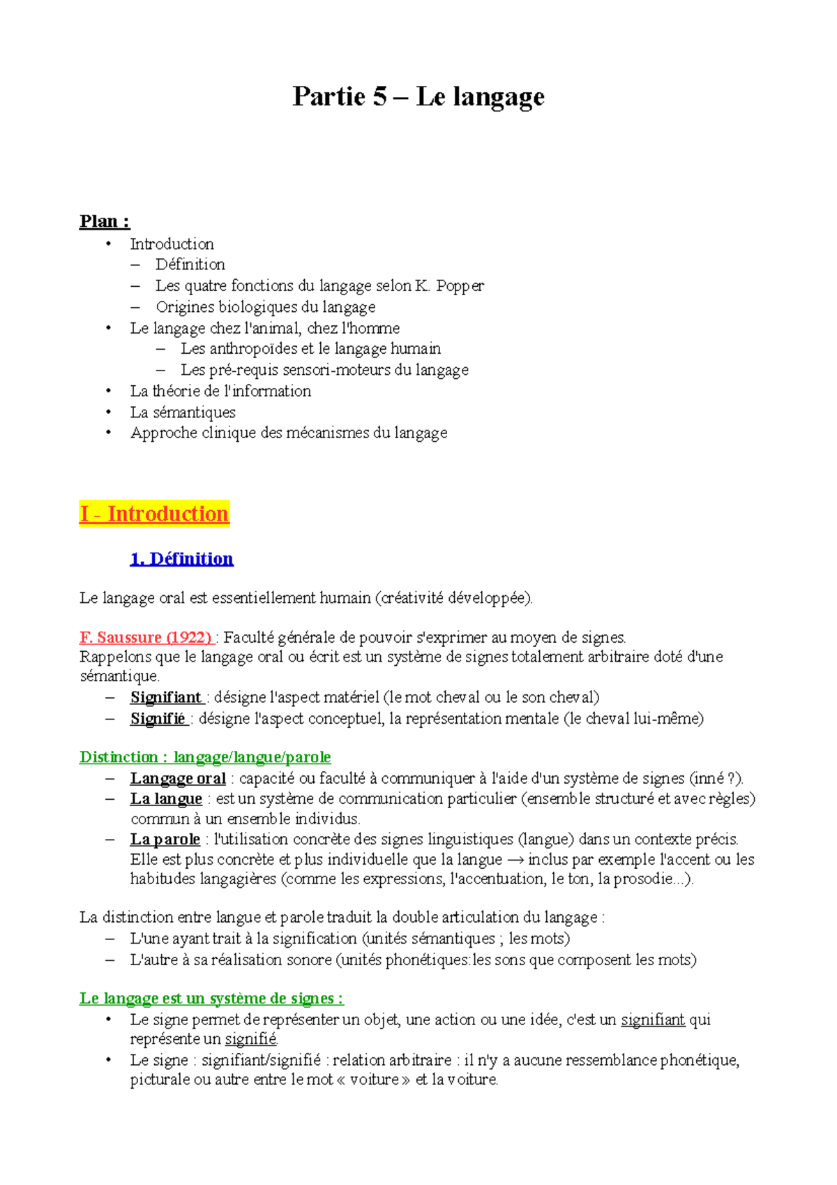 Chapitre 5, le language - Partie 5 – Le langage Plan : • Introduction ...