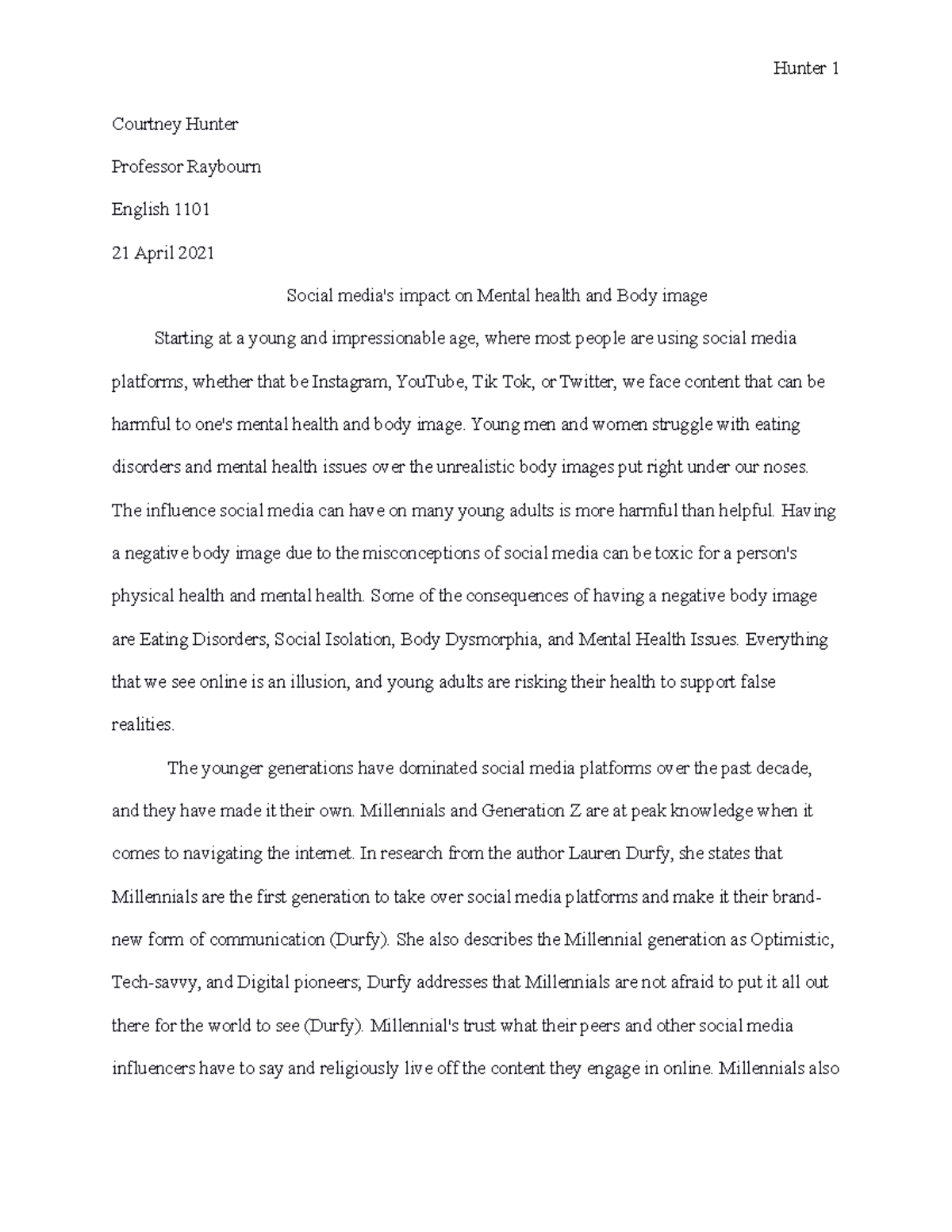 Research Argument Essay Final Draft - Courtney Hunter Professor ...