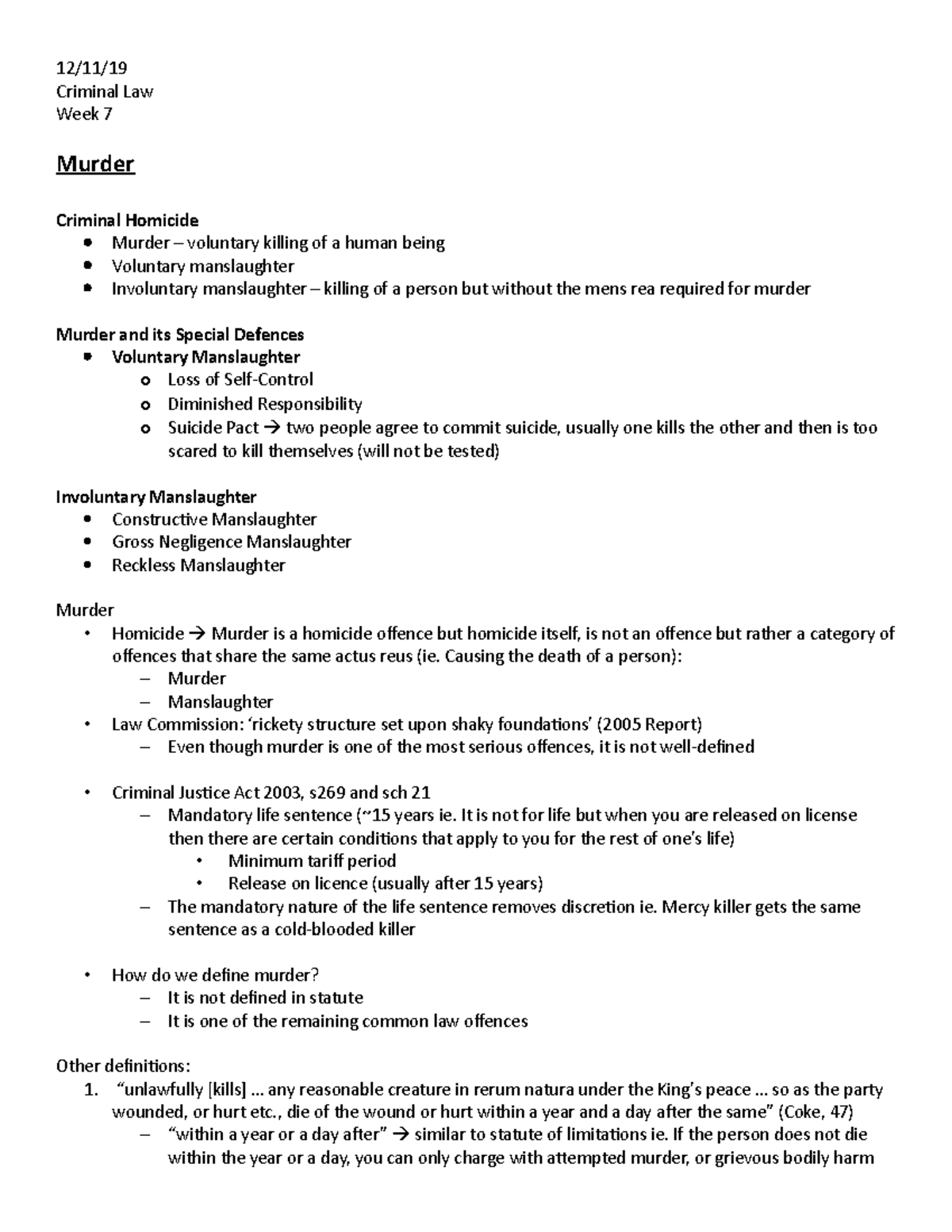 Murder - Main offence - 12/11/ Criminal Law Week 7 Murder Criminal ...