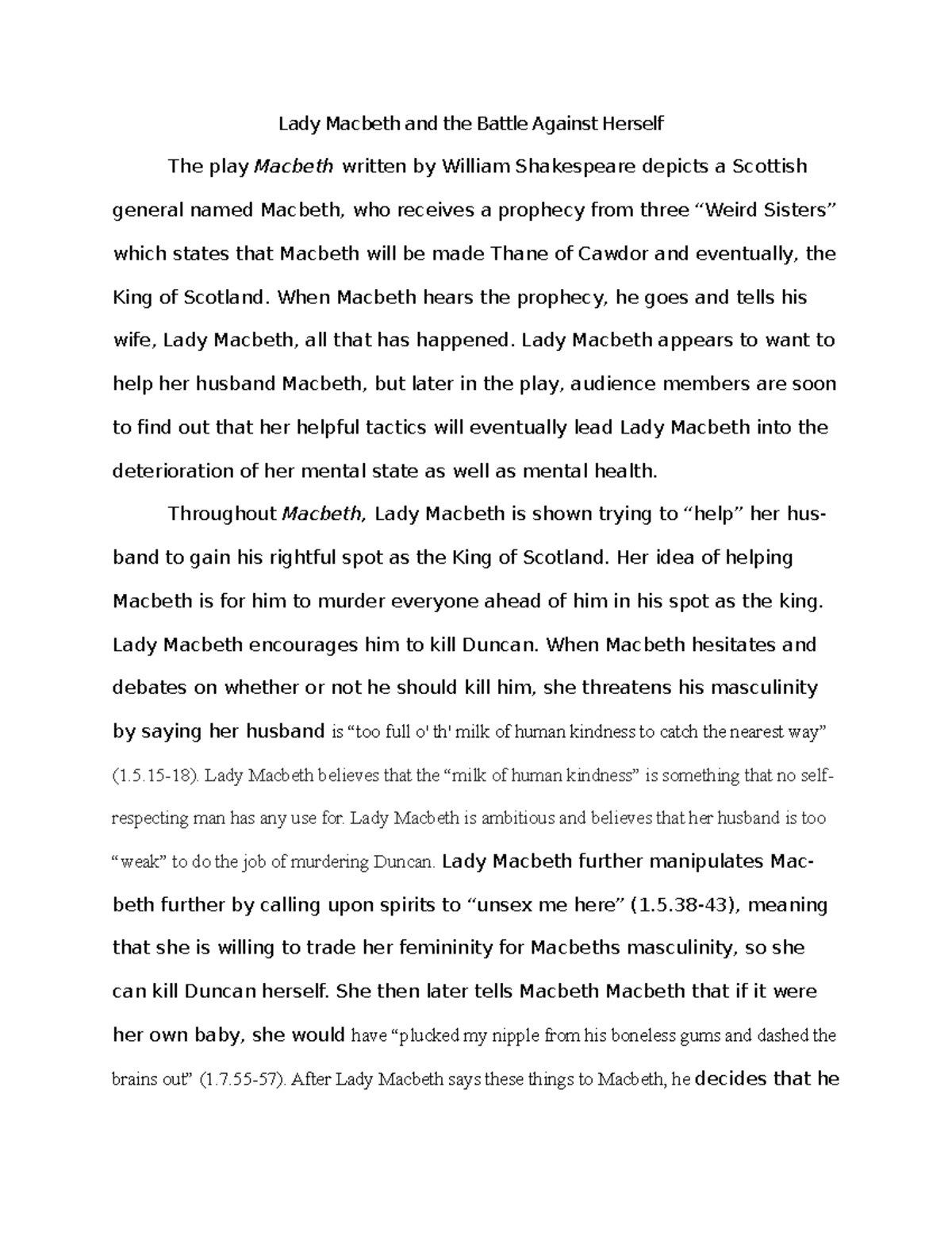 Macbeth Essay - Lady Macbeth and the Battle Against Herself The play ...