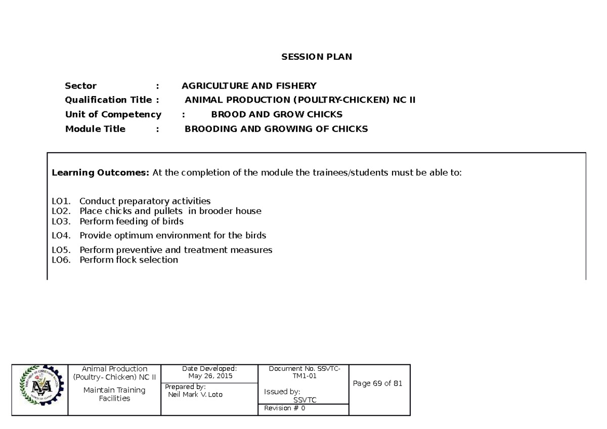 414531241 CBLM ANP Poultry Chicken - SESSION PLAN Sector : AGRICULTURE ...