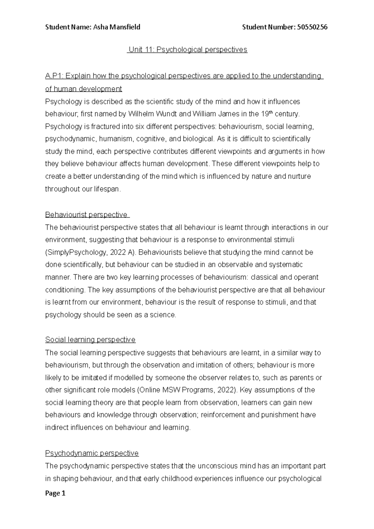 Pyschological Perspectives Assignment - Unit 11: Psychological ...