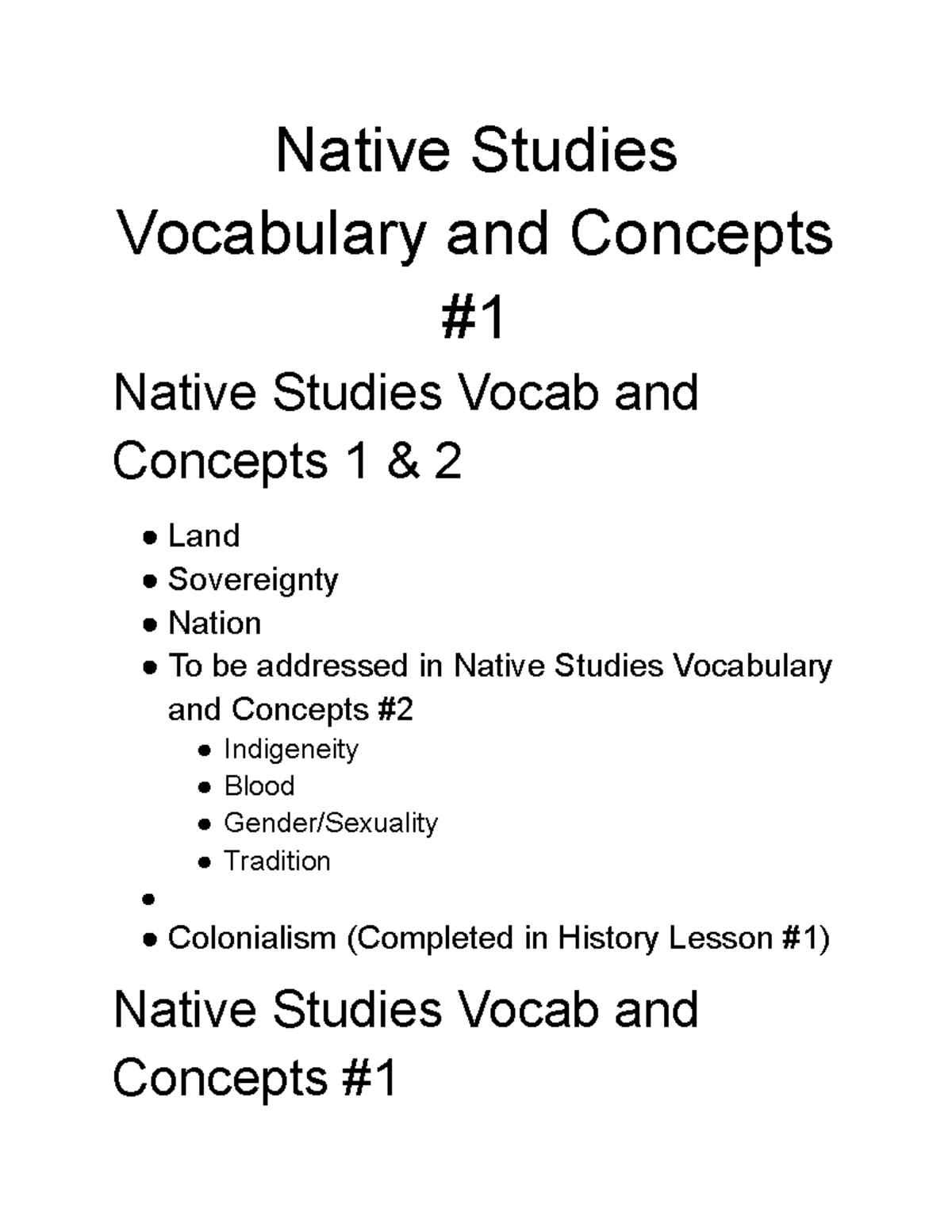 Native Studies 1 - Notes - Native Studies Vocabulary and Concepts ...