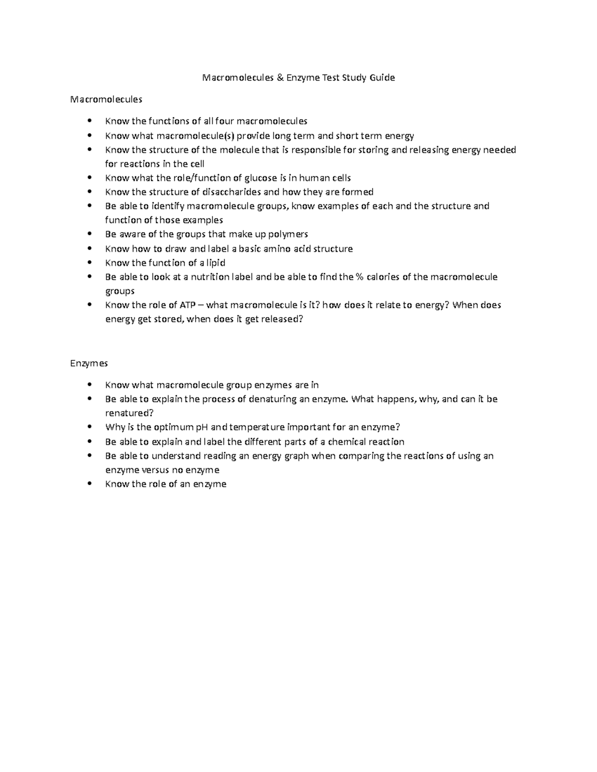 Macromolecule Enzyme Study Guide - Macromolecules & Enzyme Test Study ...