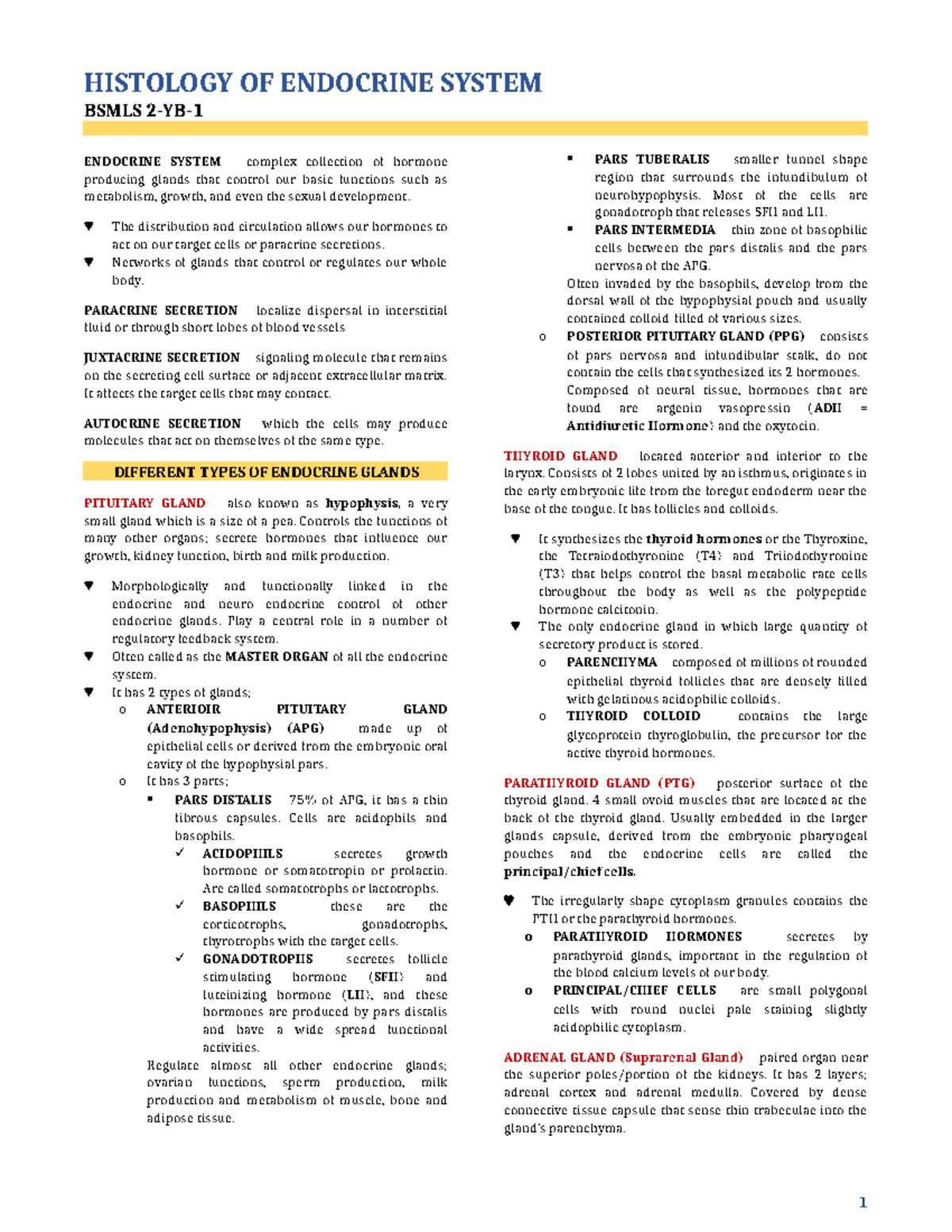 Endocrine System notes - HISTOLOGY OF ENDOCRINE SYSTEM BSMLS 2-YB ...