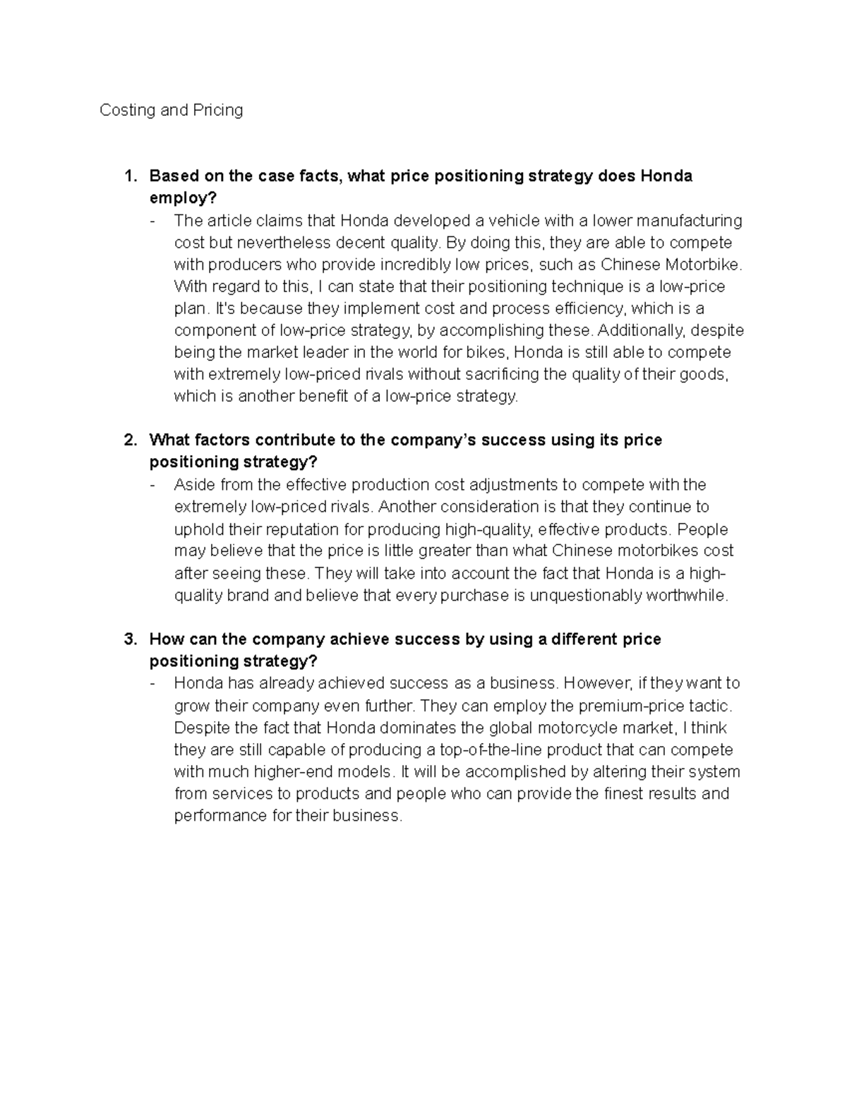 Honda-Wave - Based on the case facts, what price positioning strategy ...