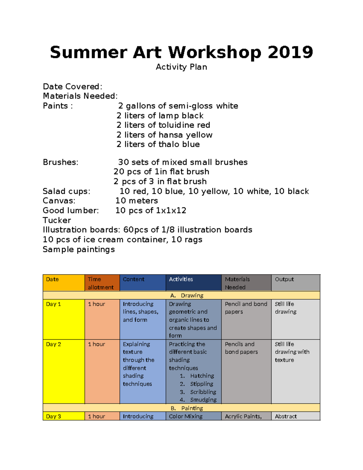 Summer Art Workshop 2019 - Summer Art Workshop 2019 Activity Plan Date ...
