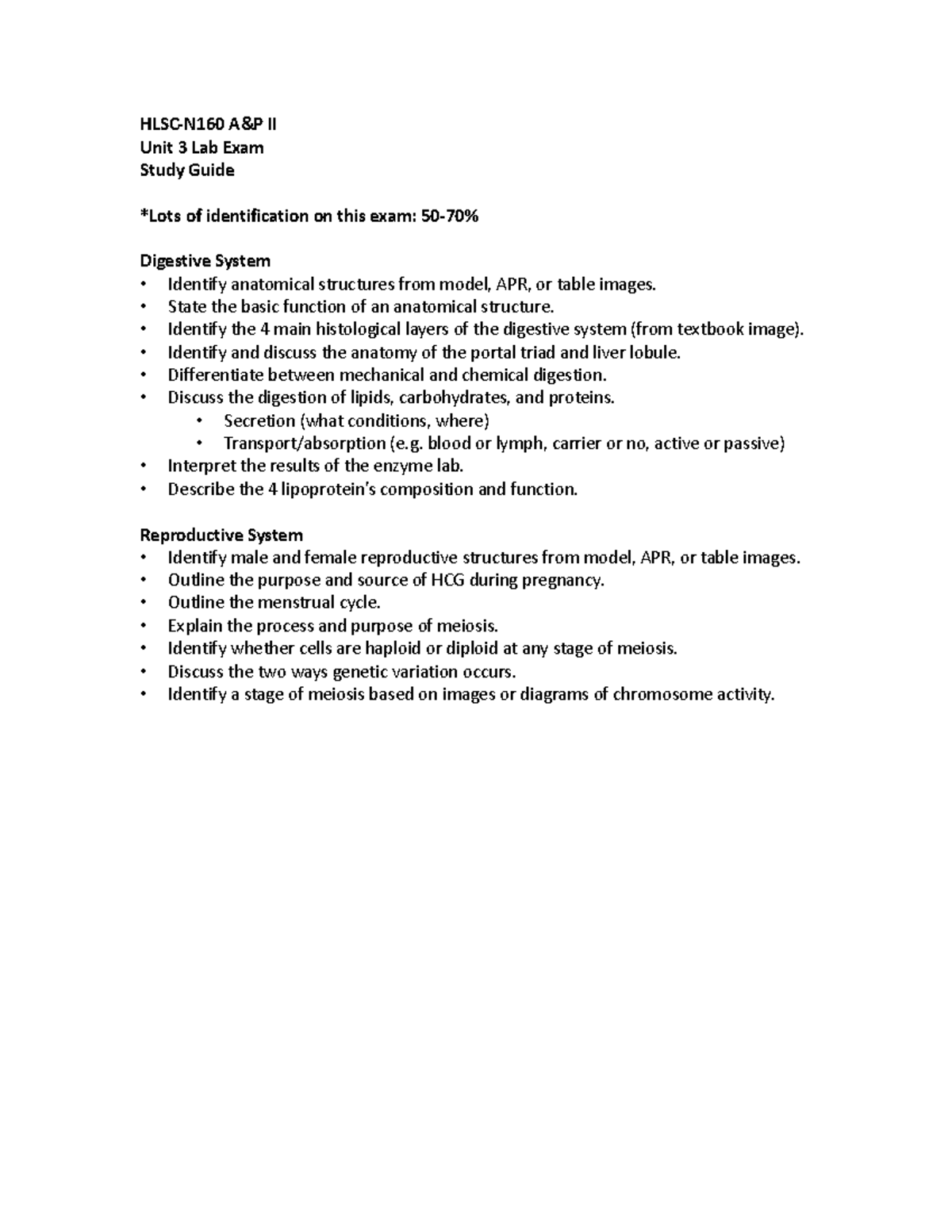 Unit 3 Lab Exam Study Guide - HLSC-N160 A&P II Unit 3 Lab Exam Study Guide *Lots of - Studocu
