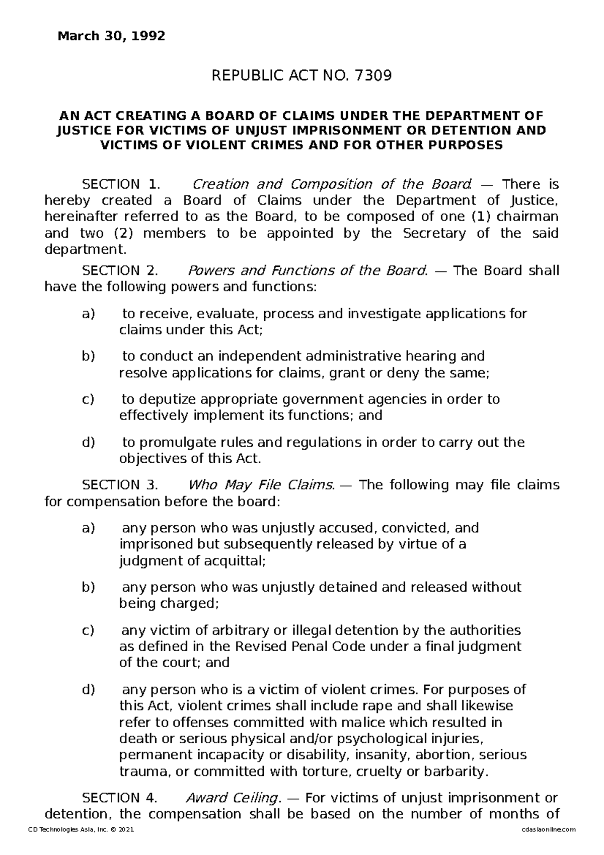 RA 7309 Creation Of Board Of Claims Under The DOJ March 30 1992 ra-7309-creation-of-board-of-claims-under-the-doj-march-30-1992