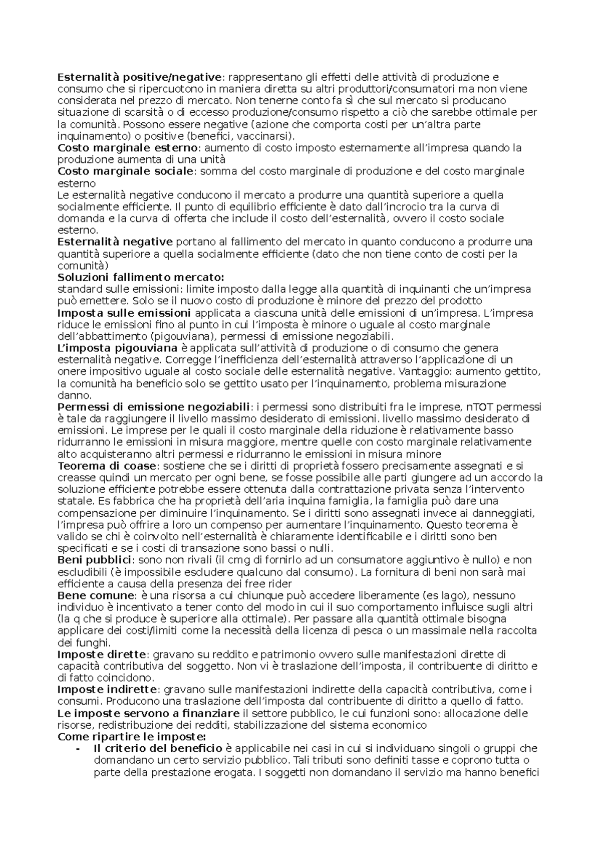 Teoria - riassunto - Esternalità positive/negative: rappresentano gli ...
