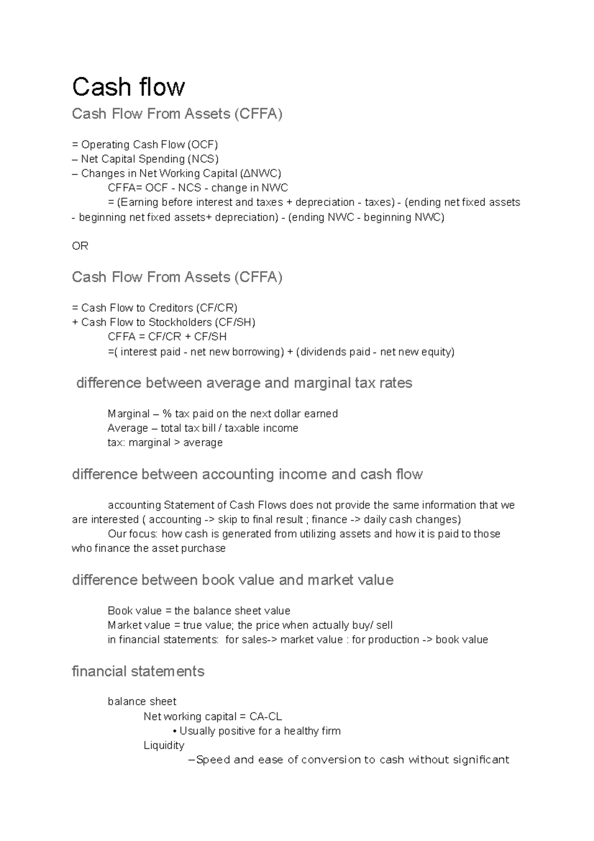 Cash flow - notes for week 2 - Cash flow Cash Flow From Assets (CFFA ...
