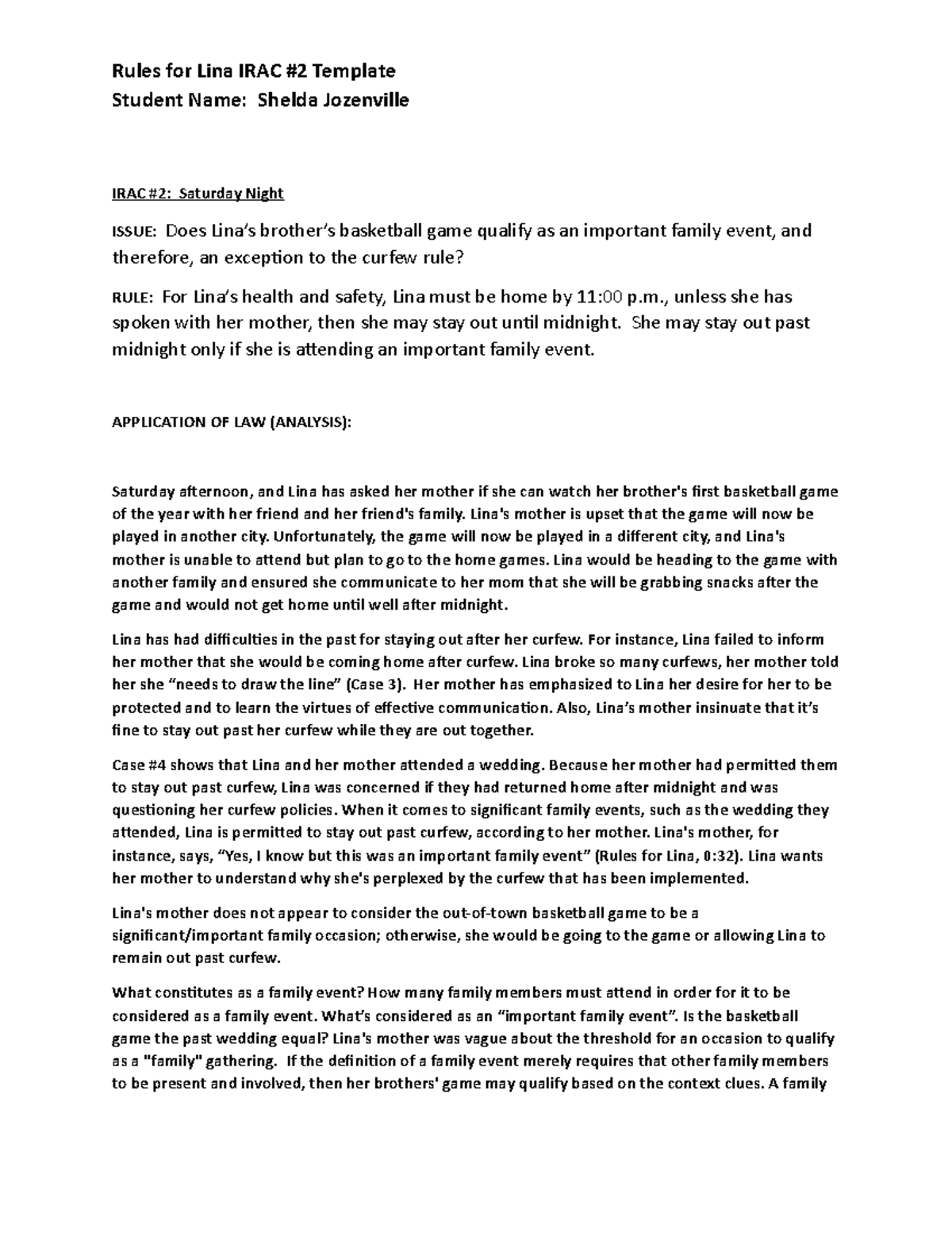 SDO501 Shelda Jozenville Rules for Lina IRAC #2 Template - Analysis ...