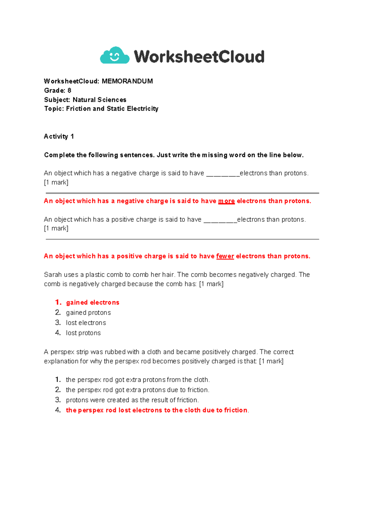WSC Gr8 Natural Sciences Friction memo1 - WorksheetCloud: MEMORANDUM ...