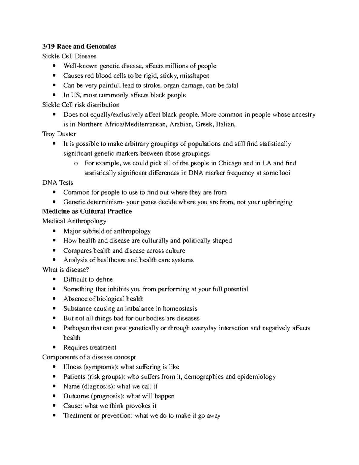 Anthropology Unit 3 Lecture Notes - 3/19 Race and Genomics Sickle Cell ...