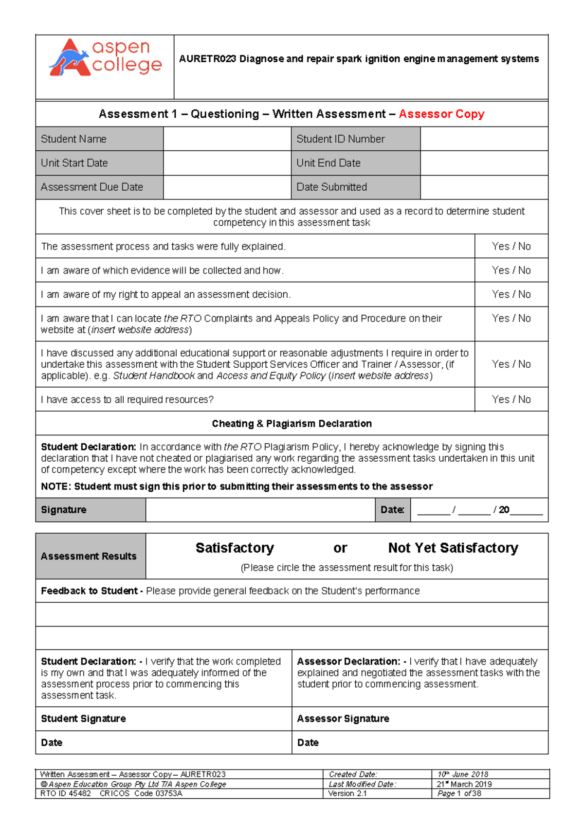 Assessment 1 – Questioning – Written Assessment – Assessor Copy Auretr ...