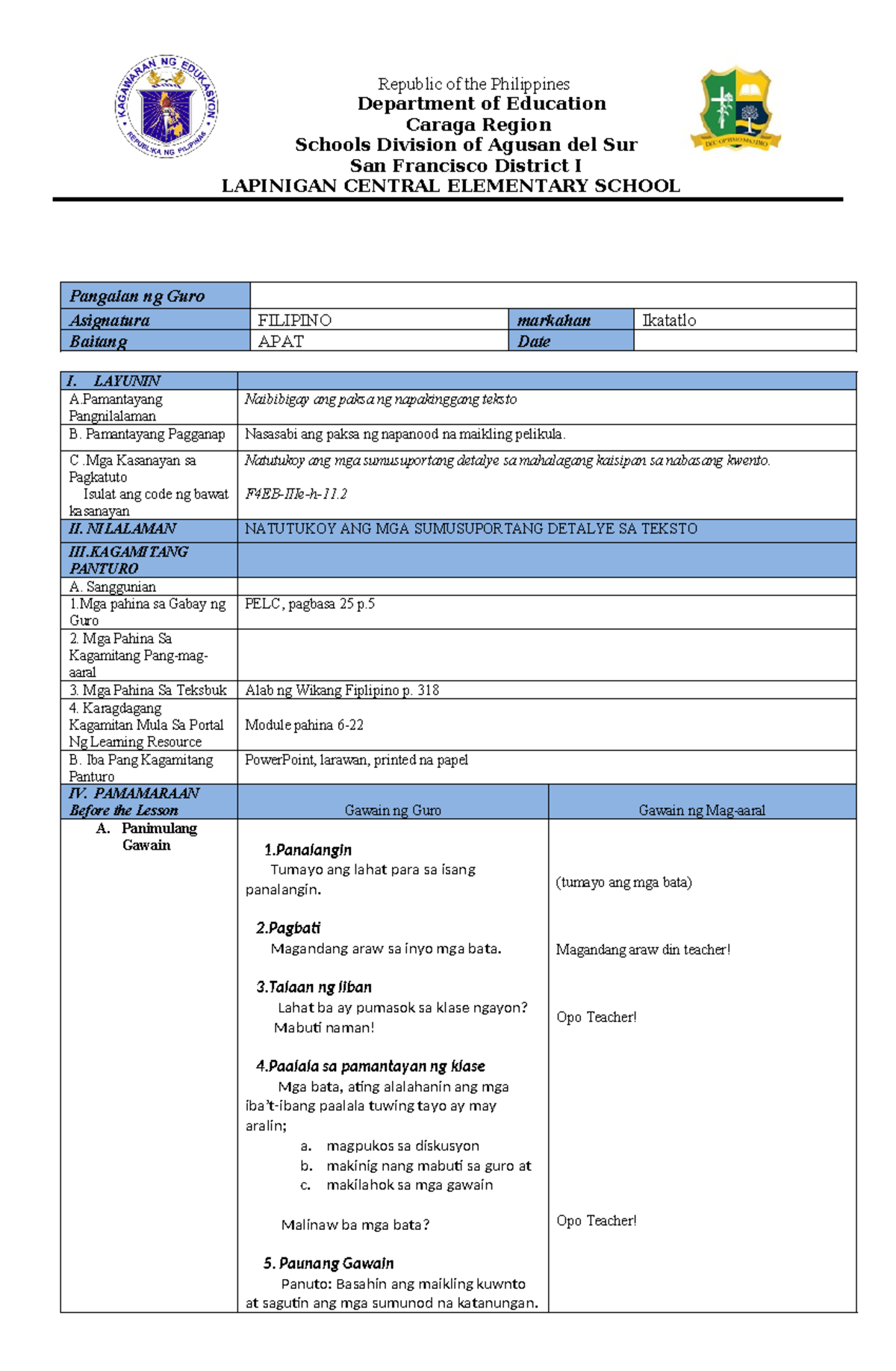Fil-dlp3 - FILIPINO in grade 5 lessonplan - Republic of the Philippines ...