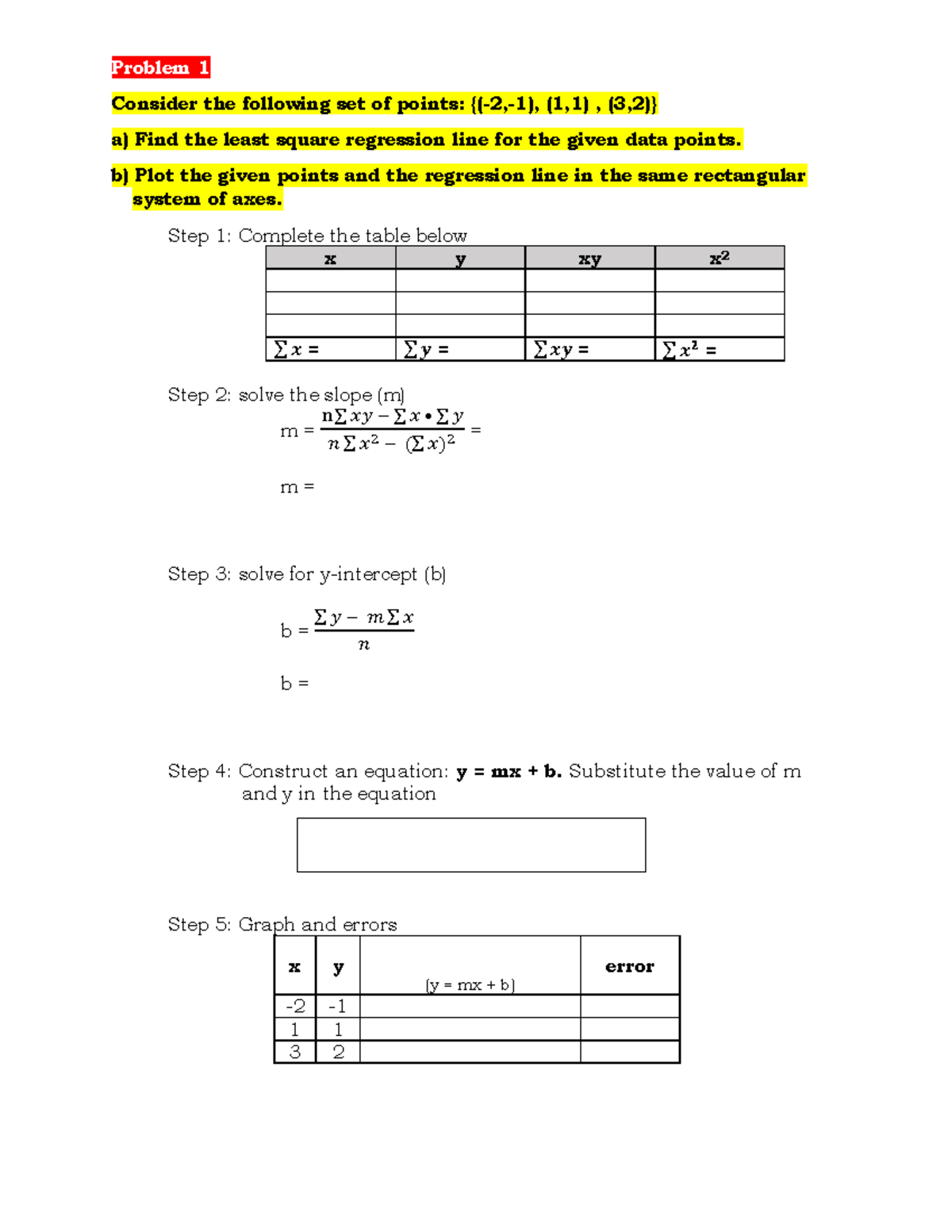 Assignment - Problem 1 Consider the following set of points: {(-2,-1 ...