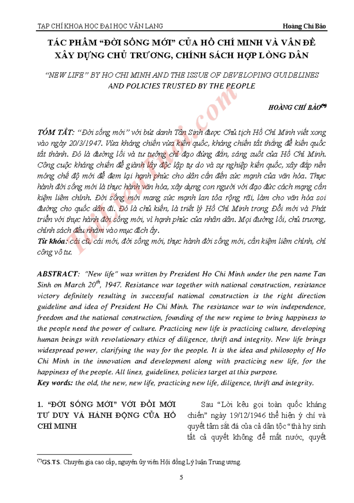 Tác phẩm Đời sống mới của Hồ Chí Minh và vấn đề xây dựng chủ trương, chính sách hợp lòng dân ...