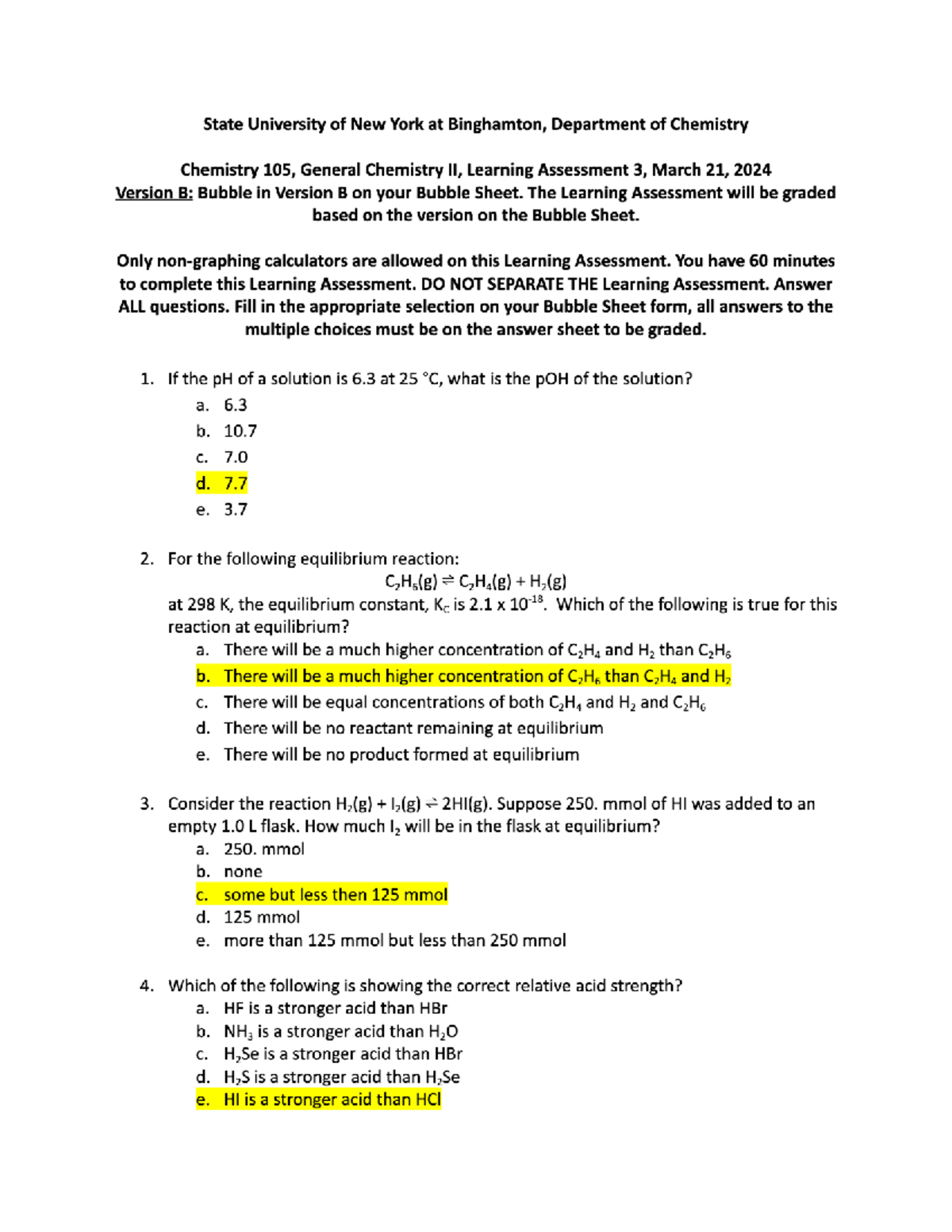 CHEM105 - Spring 2024 - Learning Assessment 3 Version B Key.docx - Spring 2024 General Chemistry ...