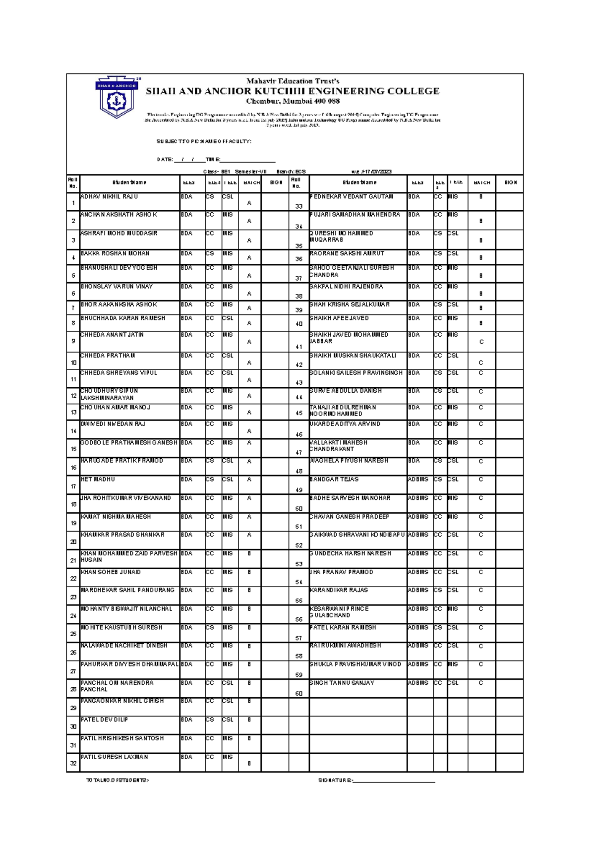 BE1 ECS Roll List 17AUG'23 - SUBJECT:TOPIC:NAME OFFACULTY: DATE ...