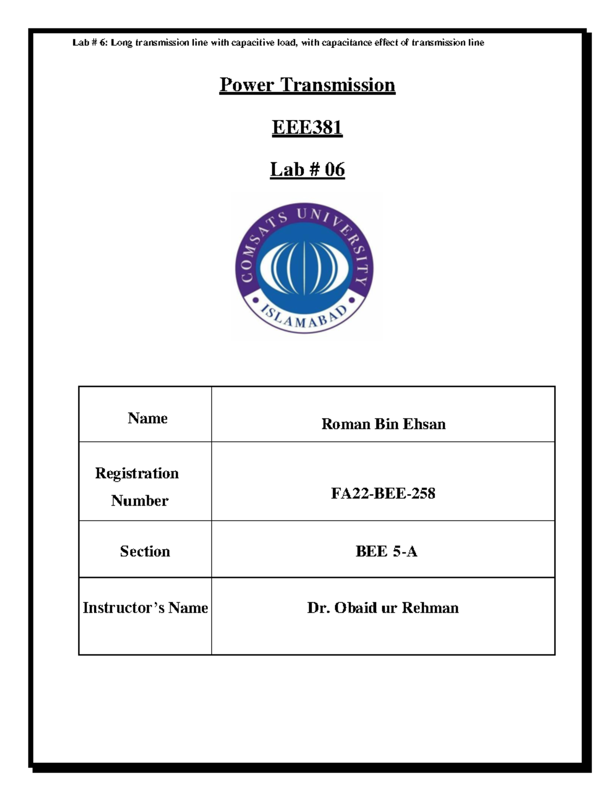 Power Transmission Lab report 6 - Power Transmission EEE Lab # 06 Name Roman Bin Ehsan ...