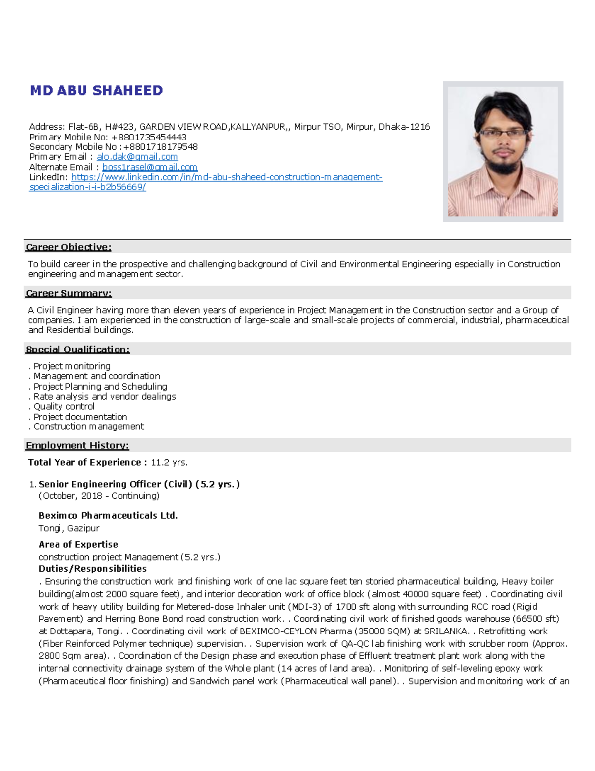 MD ABU Shaheed CV 01 - Professional - MD ABU SHAHEED Address: Flat- 6 B, H#423, GARDEN VIEW ...