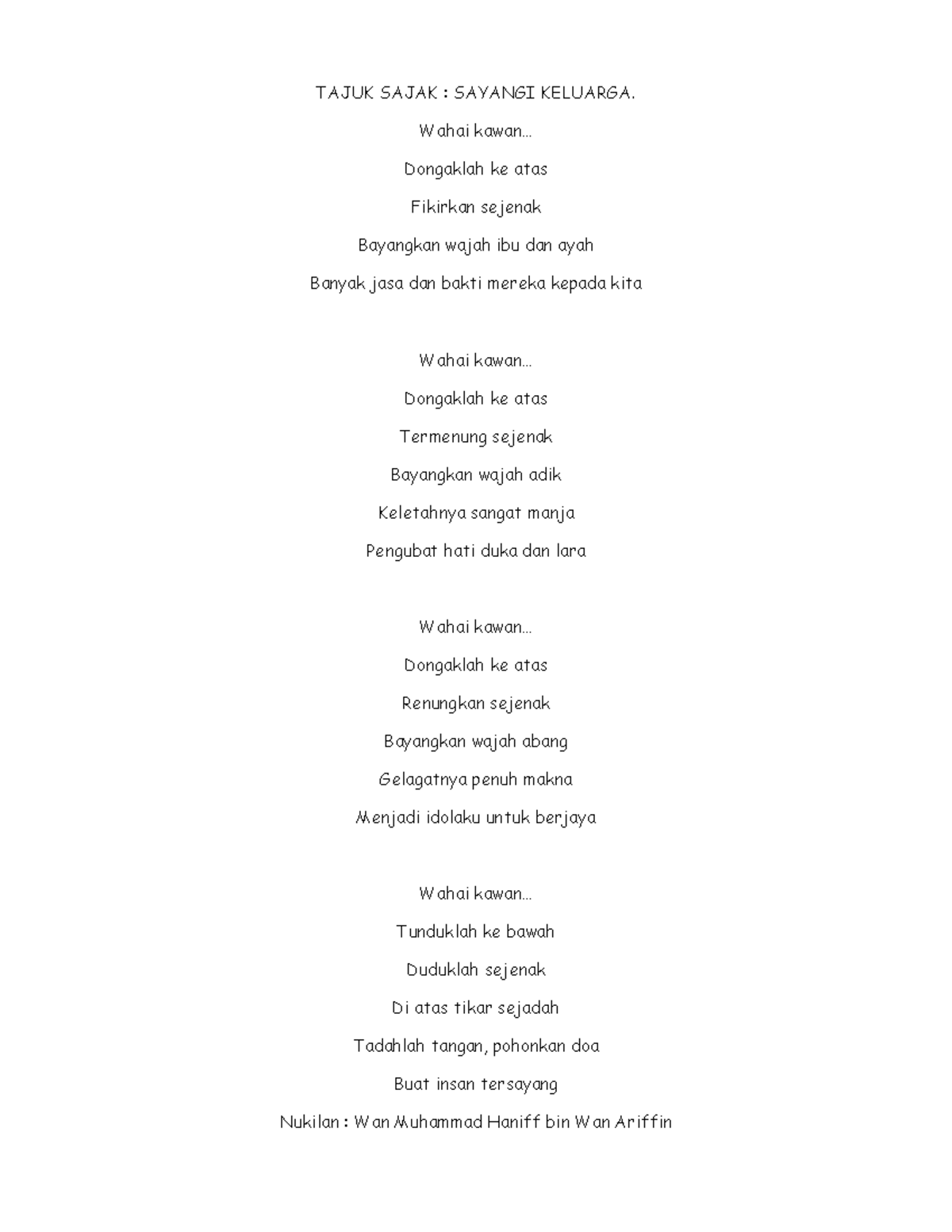 Sajak PRA Sekolah - TAJUK SAJAK : SAYANGI KELUARGA. Wahai kawan ...
