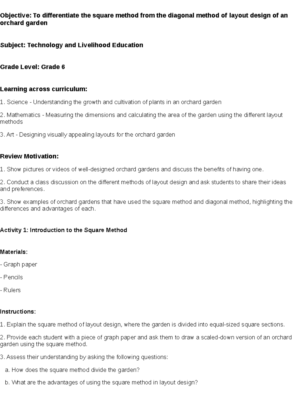 Lesson plan - Objective: To differentiate the square method from the ...