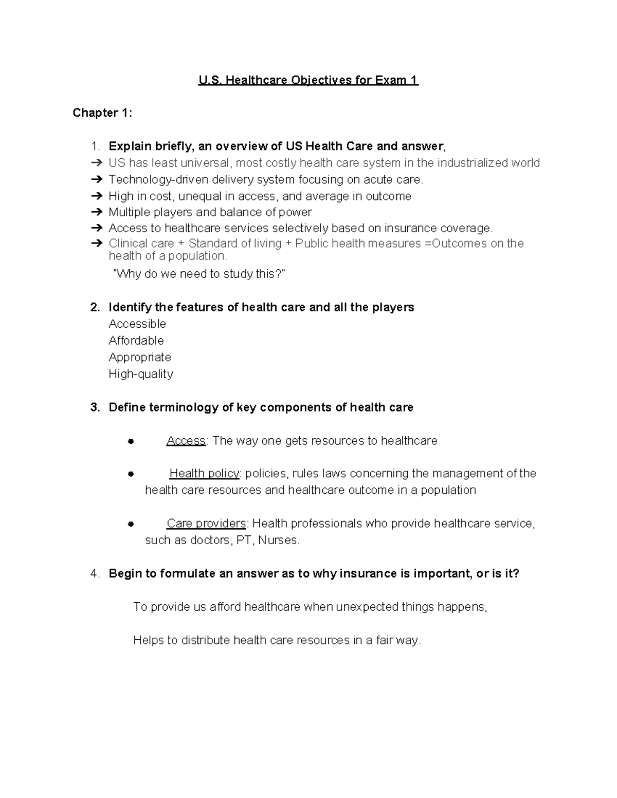U.S. Healthcare Objectives for Exam 1 - U. Healthcare Objectives for ...