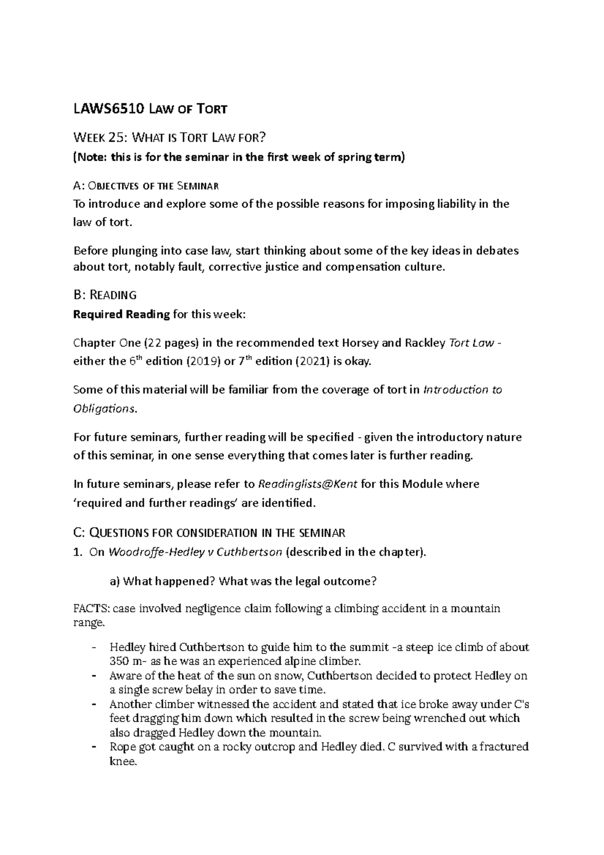 Seminar 1 Law of Tort - LAWS6510 LAW OF TORT WEEK 25: WHAT IS TORT LAW ...