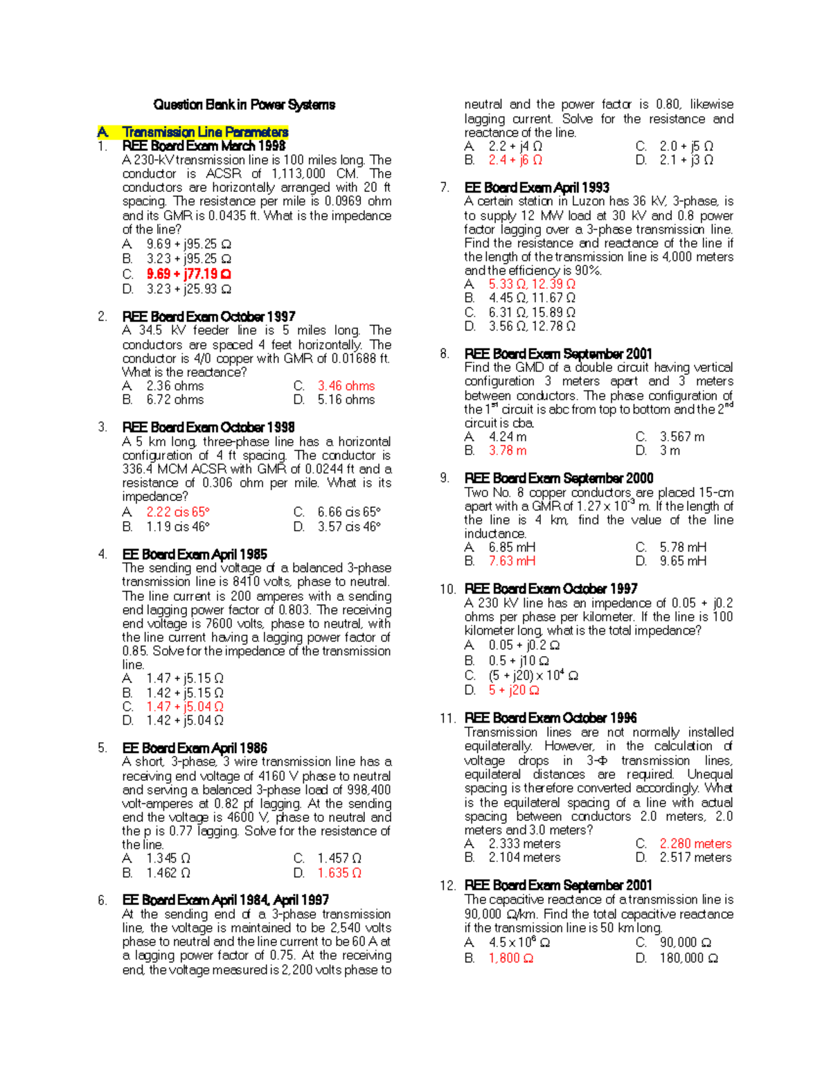 Pdfcoffee - Lecture problem solving - Question Bank in Power Systems A. Transmission Line ...