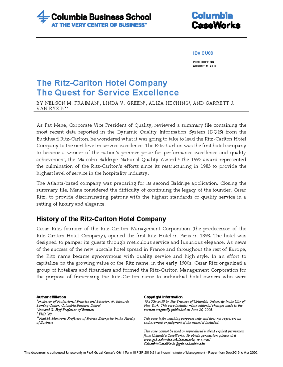 Ritz-carlton hotel - case study for FIN567 - ID# CU 09 PUBLISHED ON ...