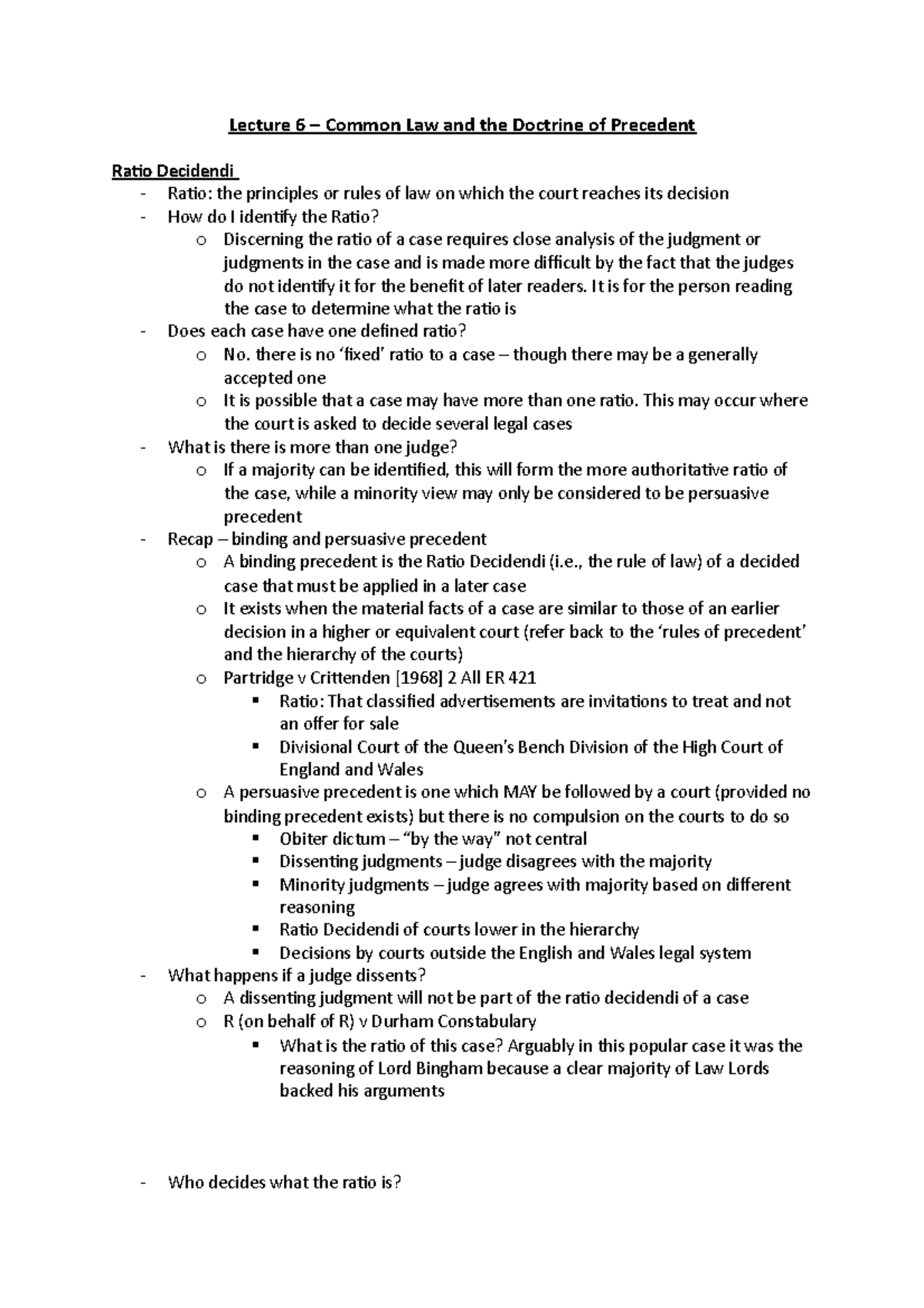 Lecture 6 - Common Law and the Doctrine of Precedent - Lecture 6 ...