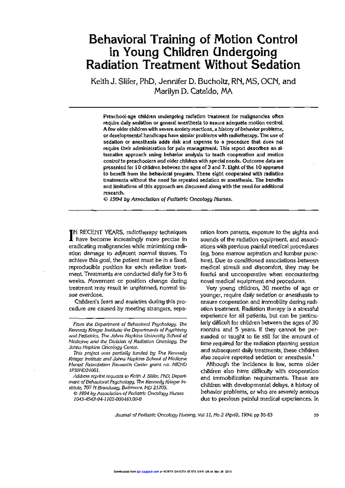 Behavioral Training of Motion Control in Young Children Undergoing ...