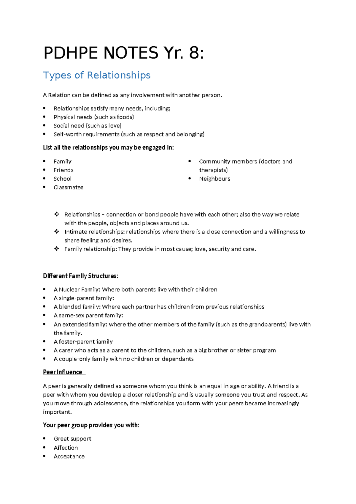 Pdhpe YR8 Notes - PDHPE NOTES Yr. 8: Types of Relationships A Relation ...
