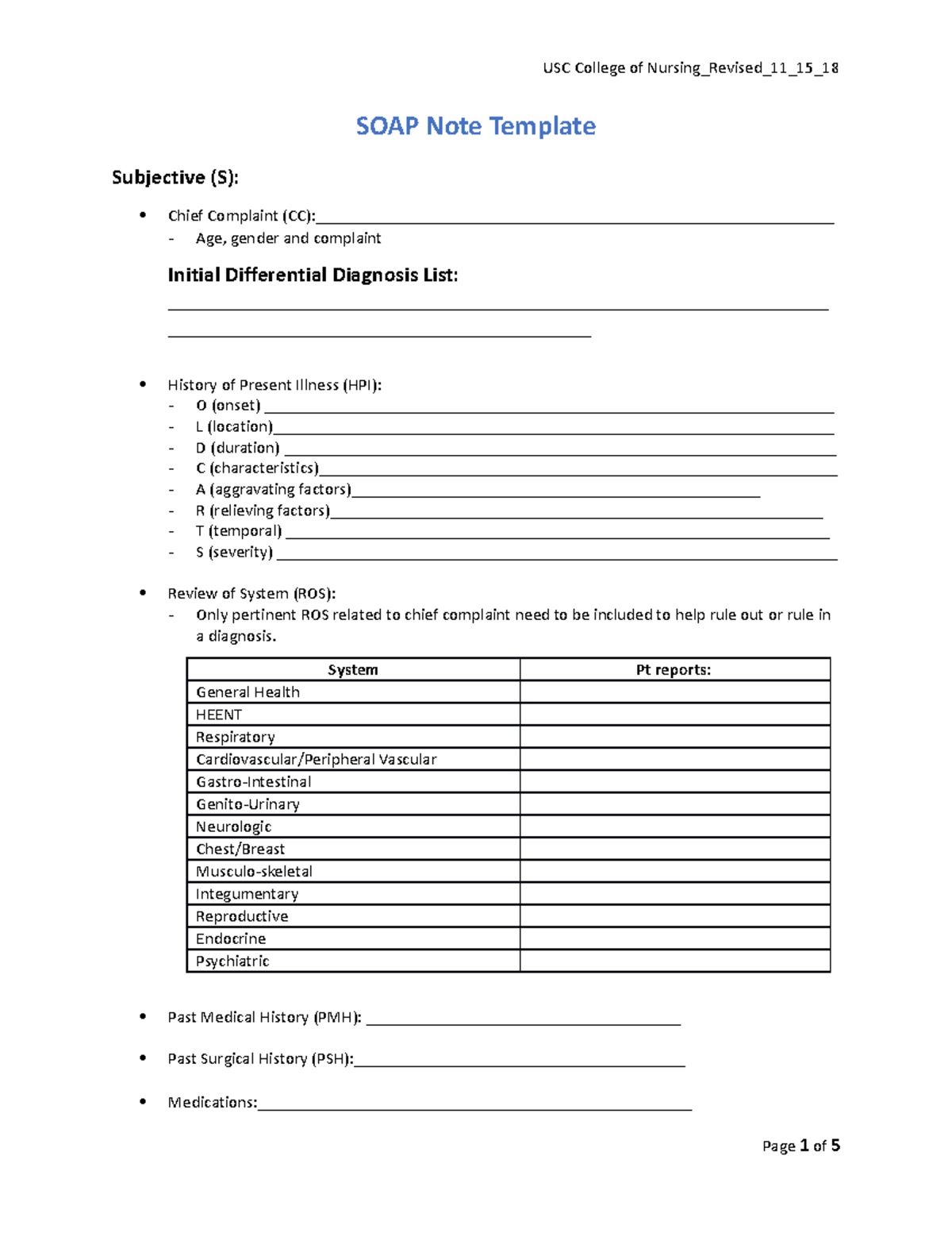 SOAP Note Template SP23(2) - SOAP Note Template Subjective (S): Chief ...