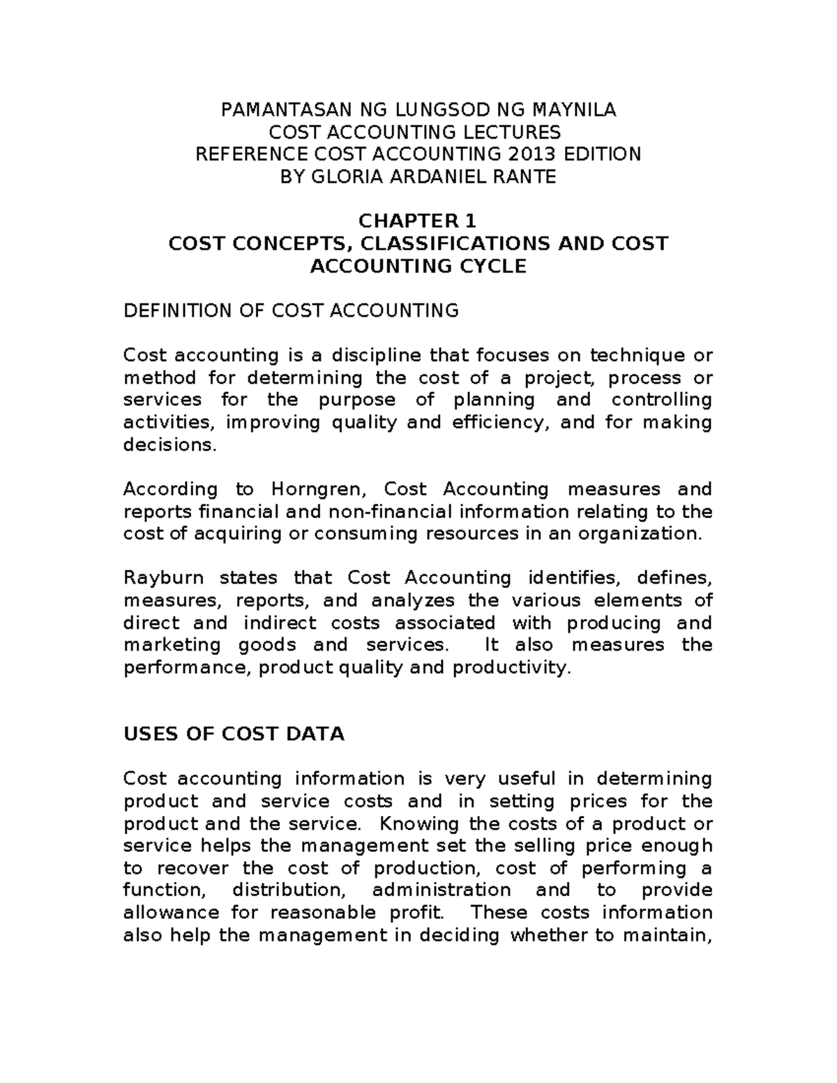 PLM Lectures COST Accounting Gloria Rante doc1 - PAMANTASAN NG LUNGSOD ...
