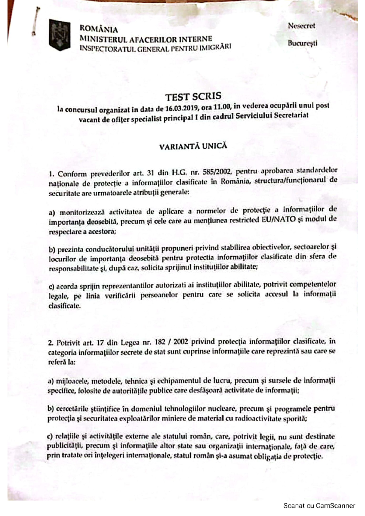 Test Secretariat 2019 Varianta II - ROMANIA Nesecret MINISTERUL ...