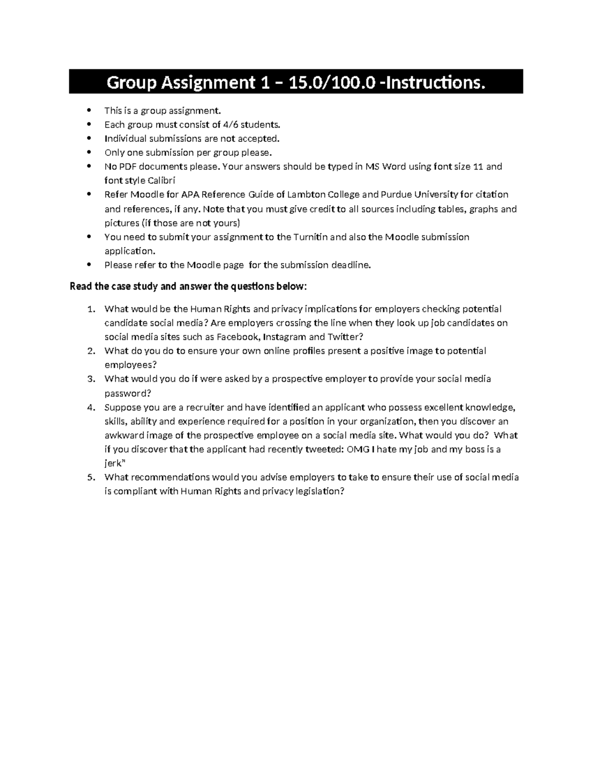 Man 1103 Assignment 1 Instructions - Group Assignment 1 – 15.0/100 -Instructions. This is a ...