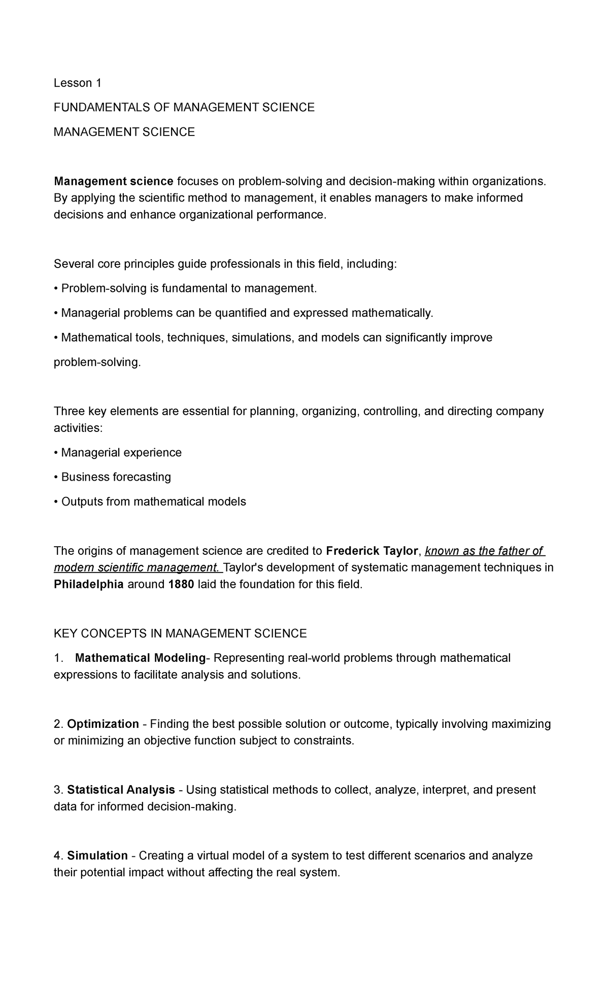 Mansci Reviewer - Lesson 1 FUNDAMENTALS OF MANAGEMENT SCIENCE ...