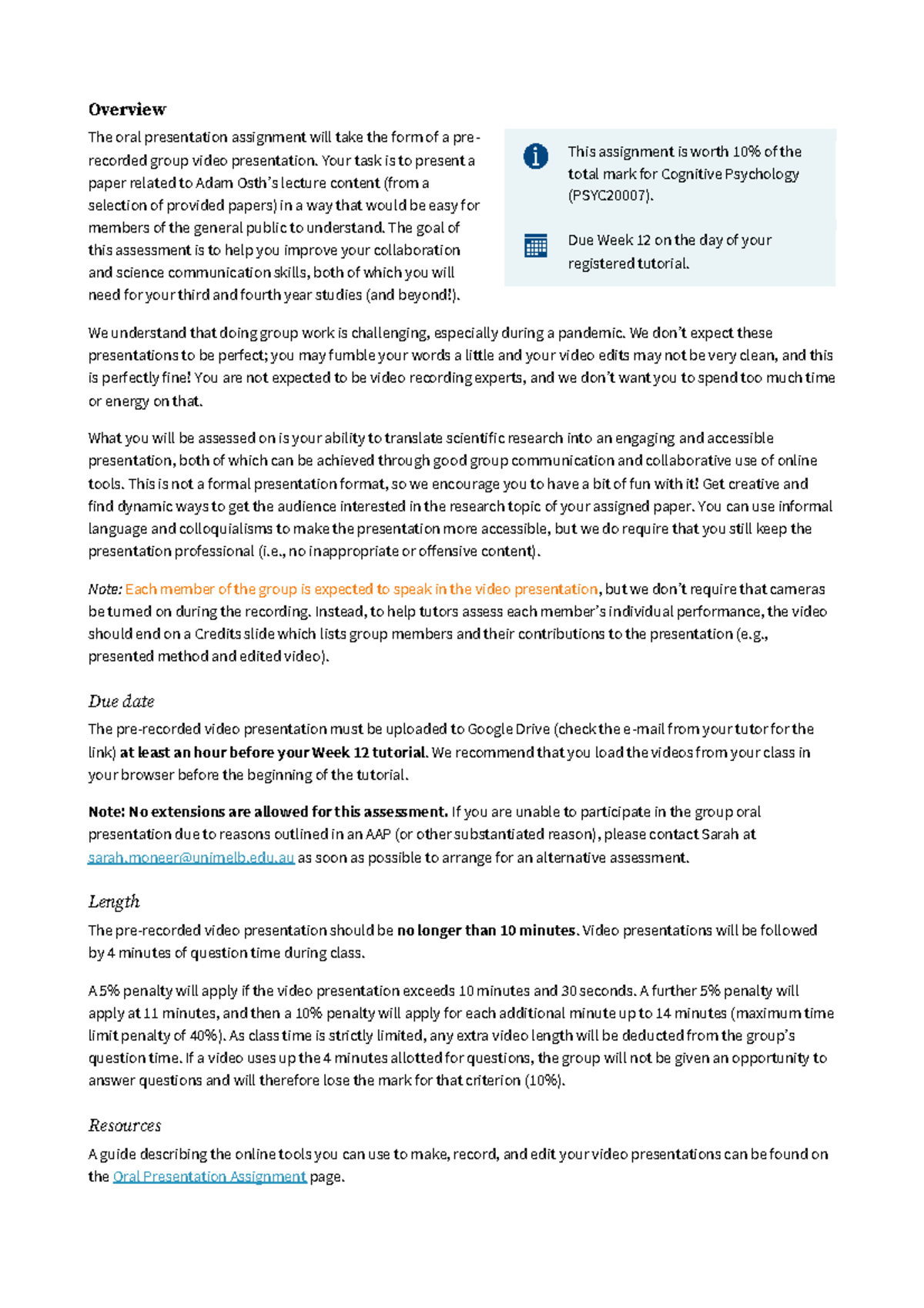 PSYC2007 oral presentation marking guide 2021 - Overview The oral ...