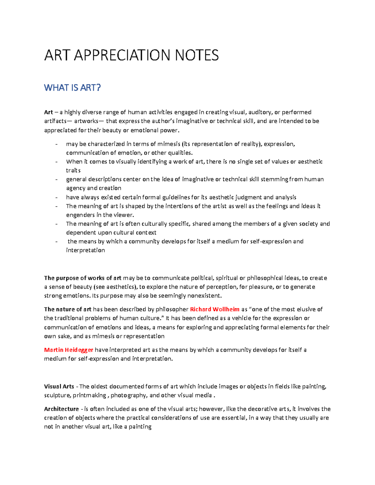 ART- Appreciation- Notes - ART APPRECIATION NOTES WHAT IS ART? Art a ...