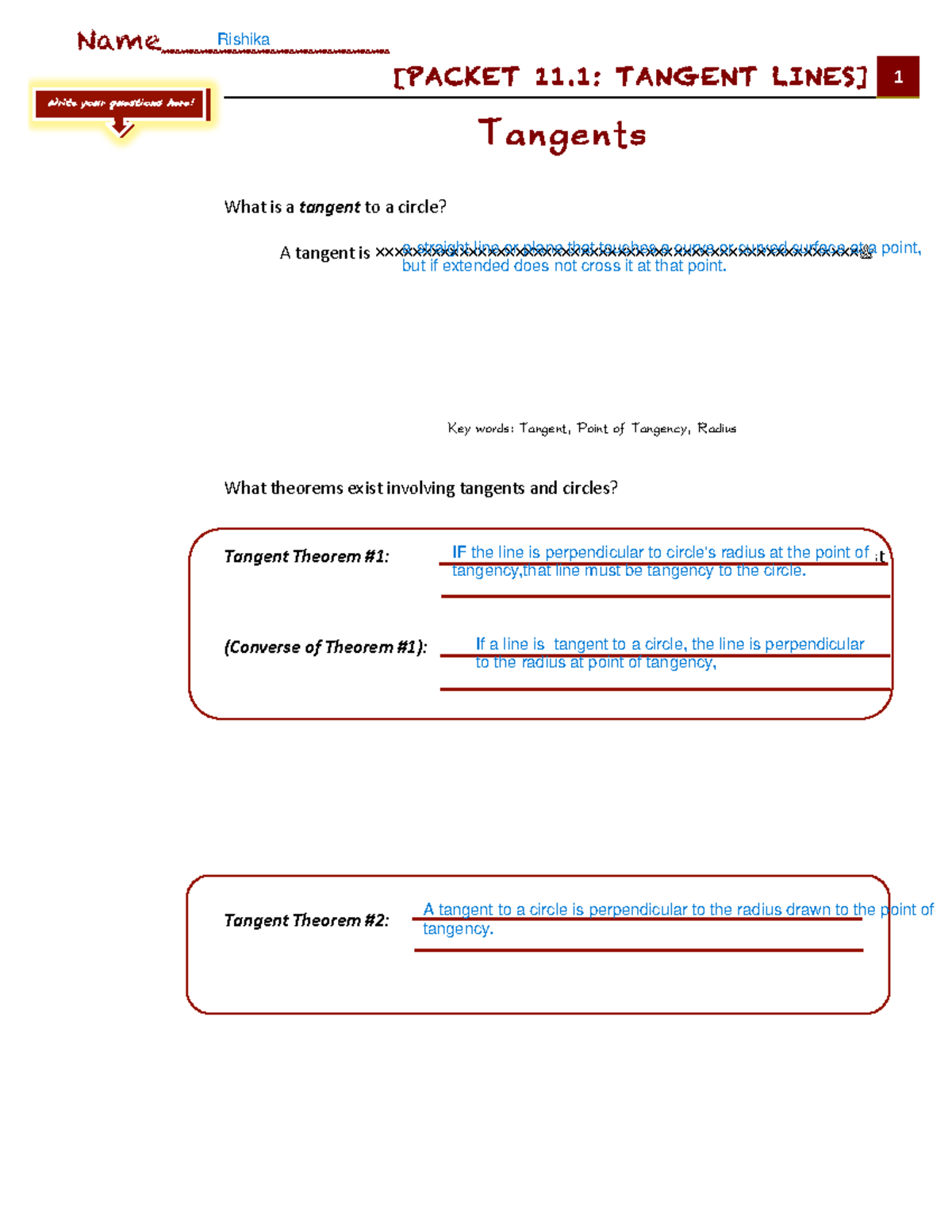 1 Tangents to Circles Guide Notes and Practice worksheet - [ PACKET 11 ...