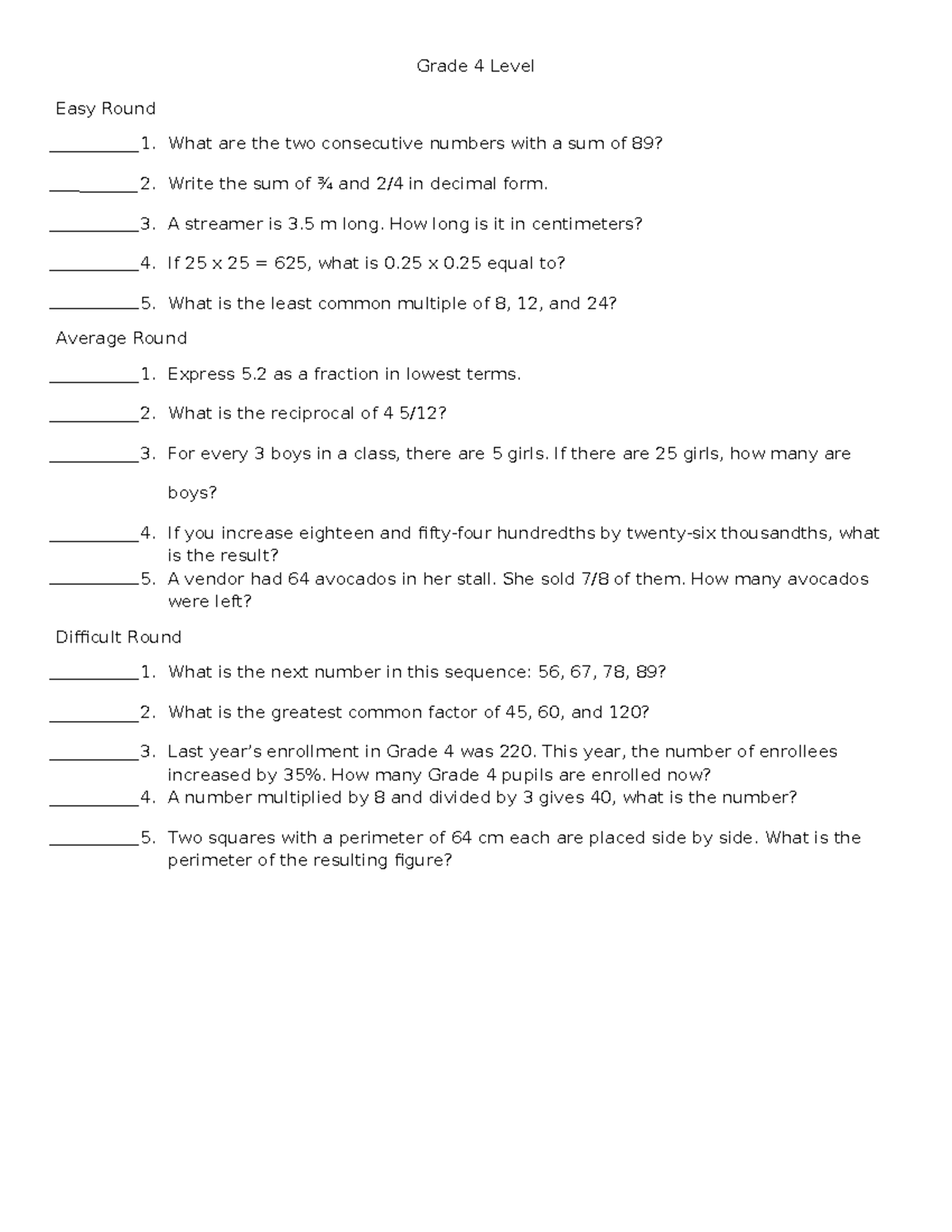 Math 4 Reviewer 5 - Quiz bee - Grade 4 Level Easy Round What are the ...