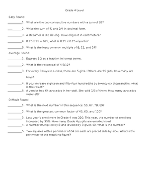 Math 4 Reviewer 1 - Grade 4 Level Easy Round 1. In a room are 8 rows of ...