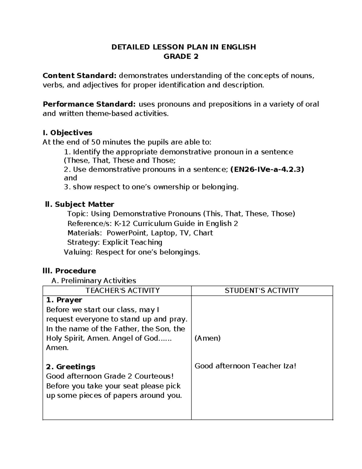 4. English 2 LP - DETAILED LESSON PLAN IN ENGLISH GRADE 2 Content ...