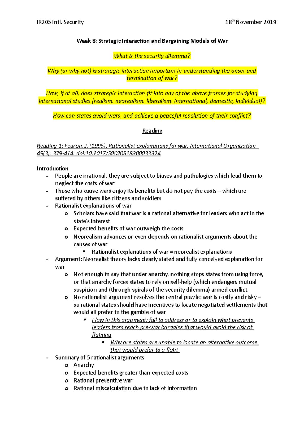 Week 8 - Strategic Interaction and Bargaining Models of War - reading ...