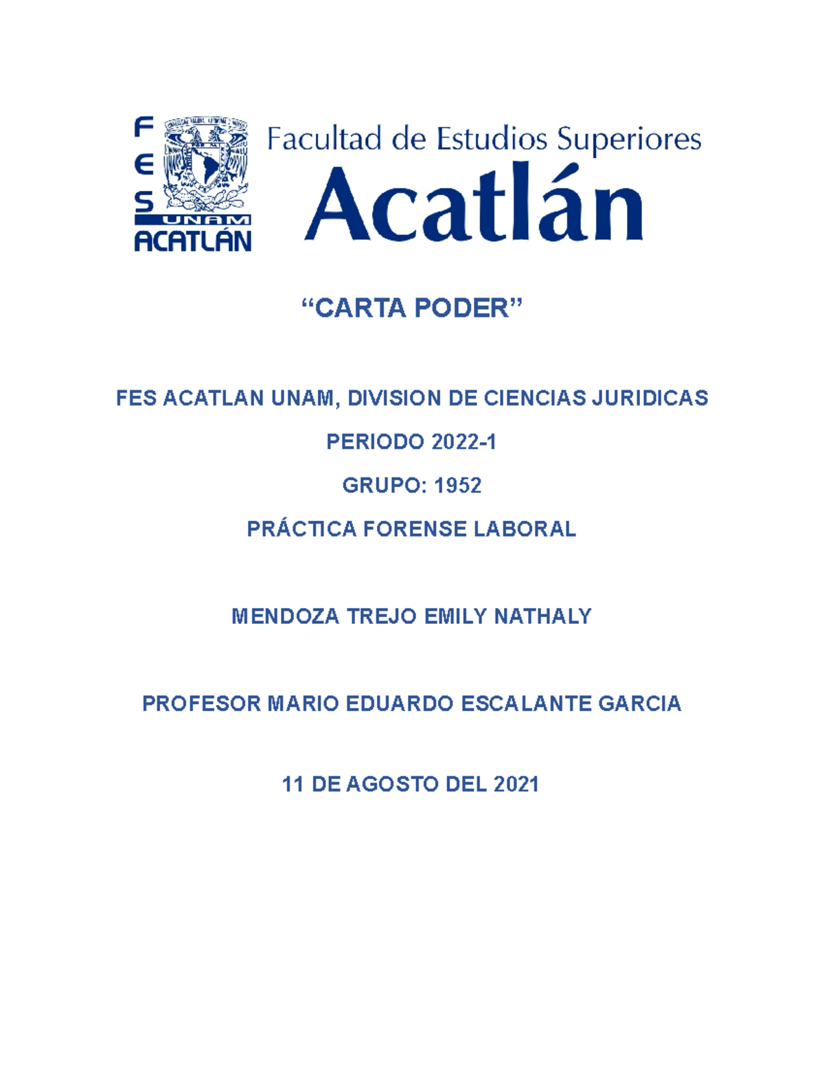 Carta Poder - “CARTA PODER” FES ACATLAN UNAM, DIVISION DE CIENCIAS ...