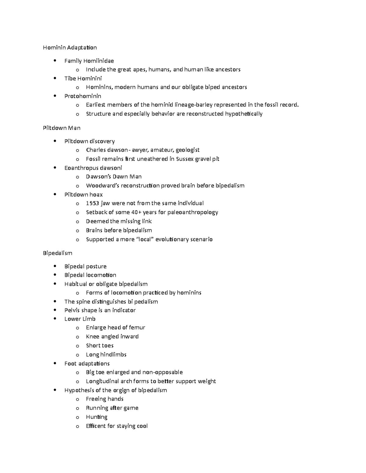 Ant Chapter 4 - ch 4 - Hominin Adaptation Family Homiinidae o Include ...